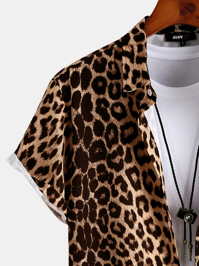 Mens Wild Leopard Print Short Sleeve Button Up Collared Shirt – Alovha
