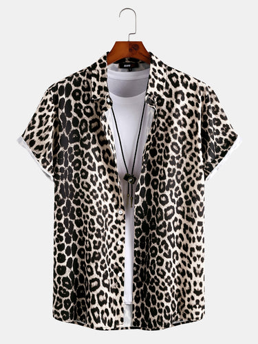 Mens Wild Leopard Print Short Sleeve Button Up Collared Shirt – Alovha