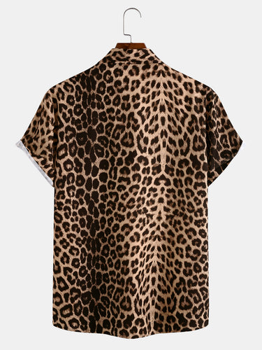 Mens Wild Leopard Print Short Sleeve Button Up Collared Shirt – Alovha